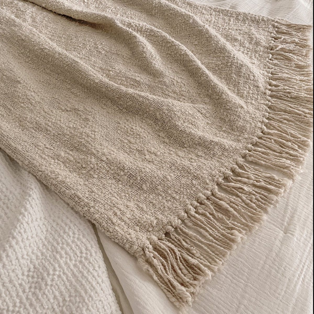 Cotton Beige Throw with Fringe | Vintage Inspired Décor | Purple Rose ...